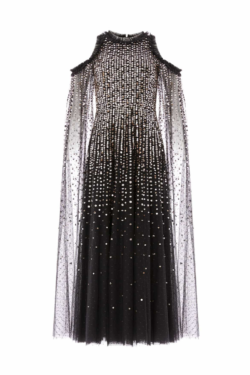 Moonlight Sequin Cape Sleeve Ankle Gown – Black | Needle & Thread