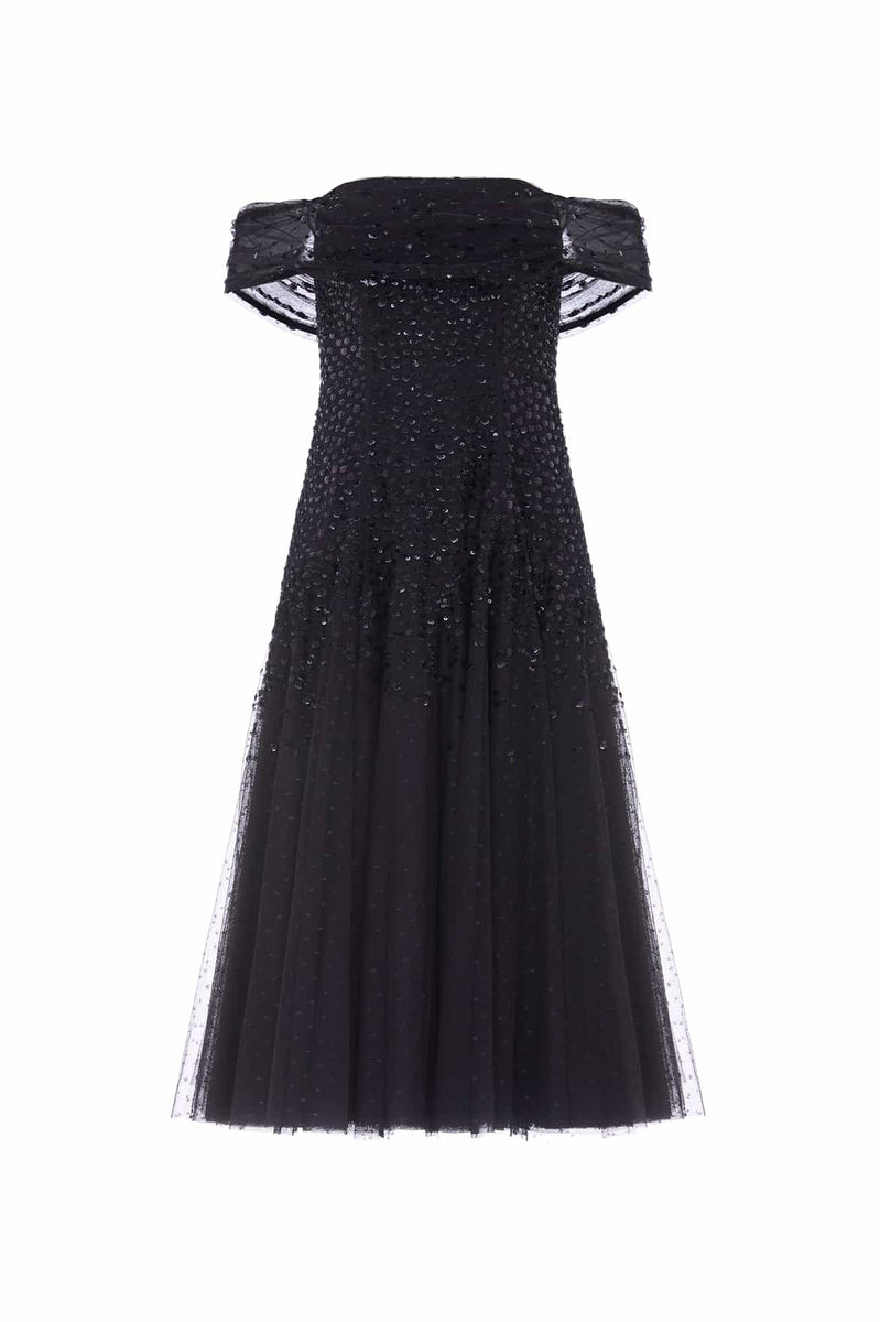 Dappled Sequin Draped Off-Shoulder Midaxi Dress – Black | Needle & Thread