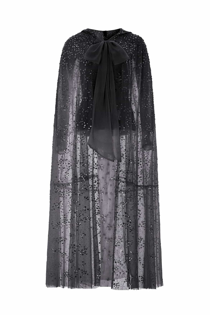 Dappled Sequin Hooded Long Cape – Black | Needle & Thread