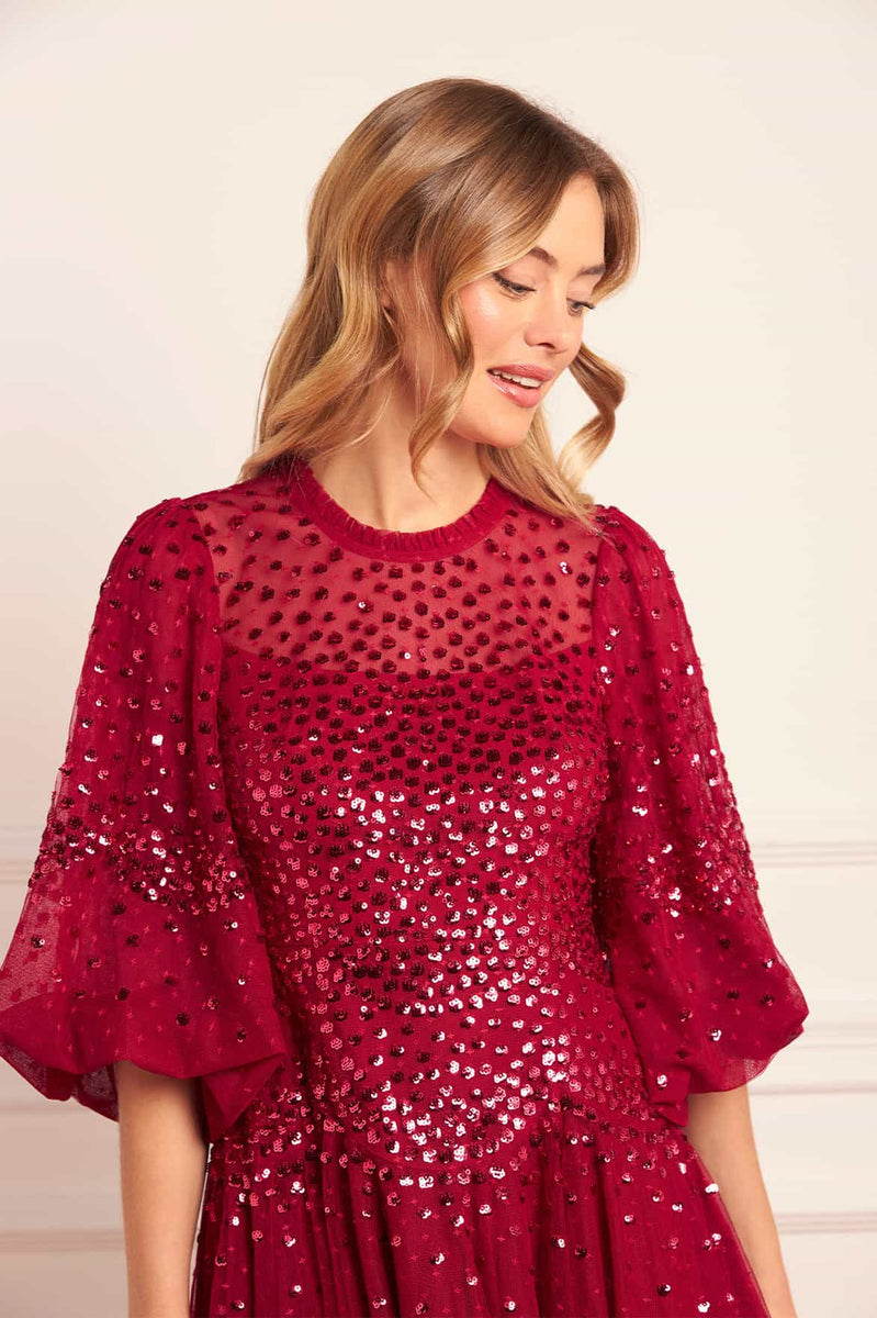 Scallop Sequin Round Neck Micro Mini Dress – Red | Needle & Thread