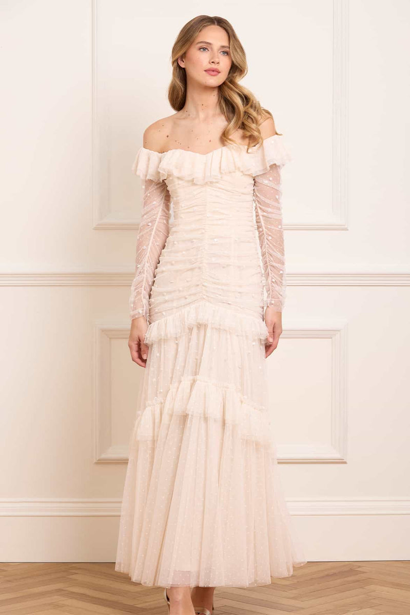 Sequin Glimmer Rouched Off-Shoulder Gown – Champagne | Needle & Thread