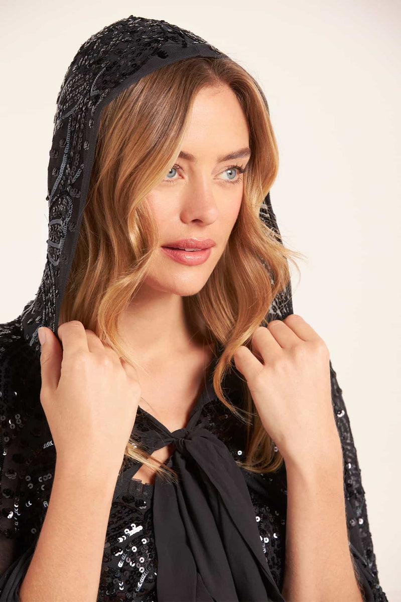 Sequin Ribbon Hooded Cape – Black | Needle & Thread