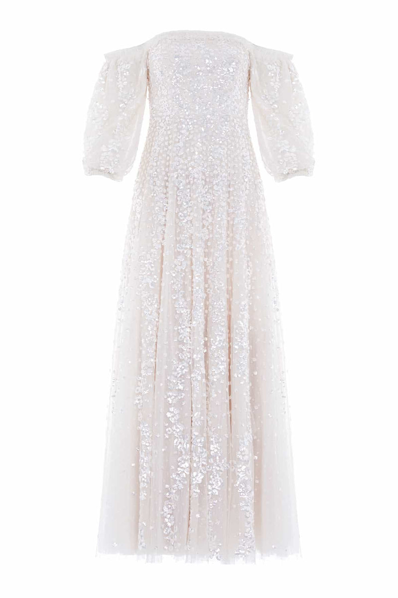 Confetti Gloss Off-Shoulder Gown – Champagne | Needle & Thread
