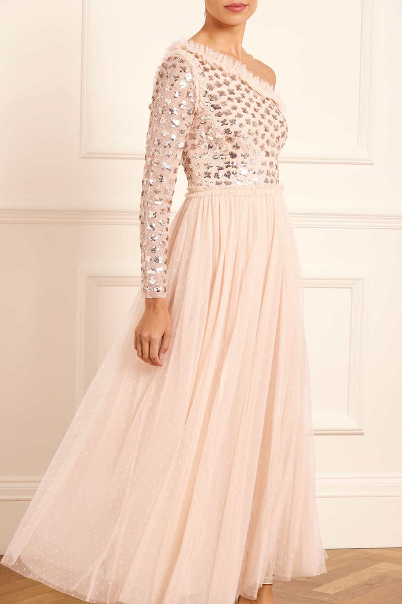 Glisten Bodice One-Shoulder Ankle Gown – Beige | Needle & Thread