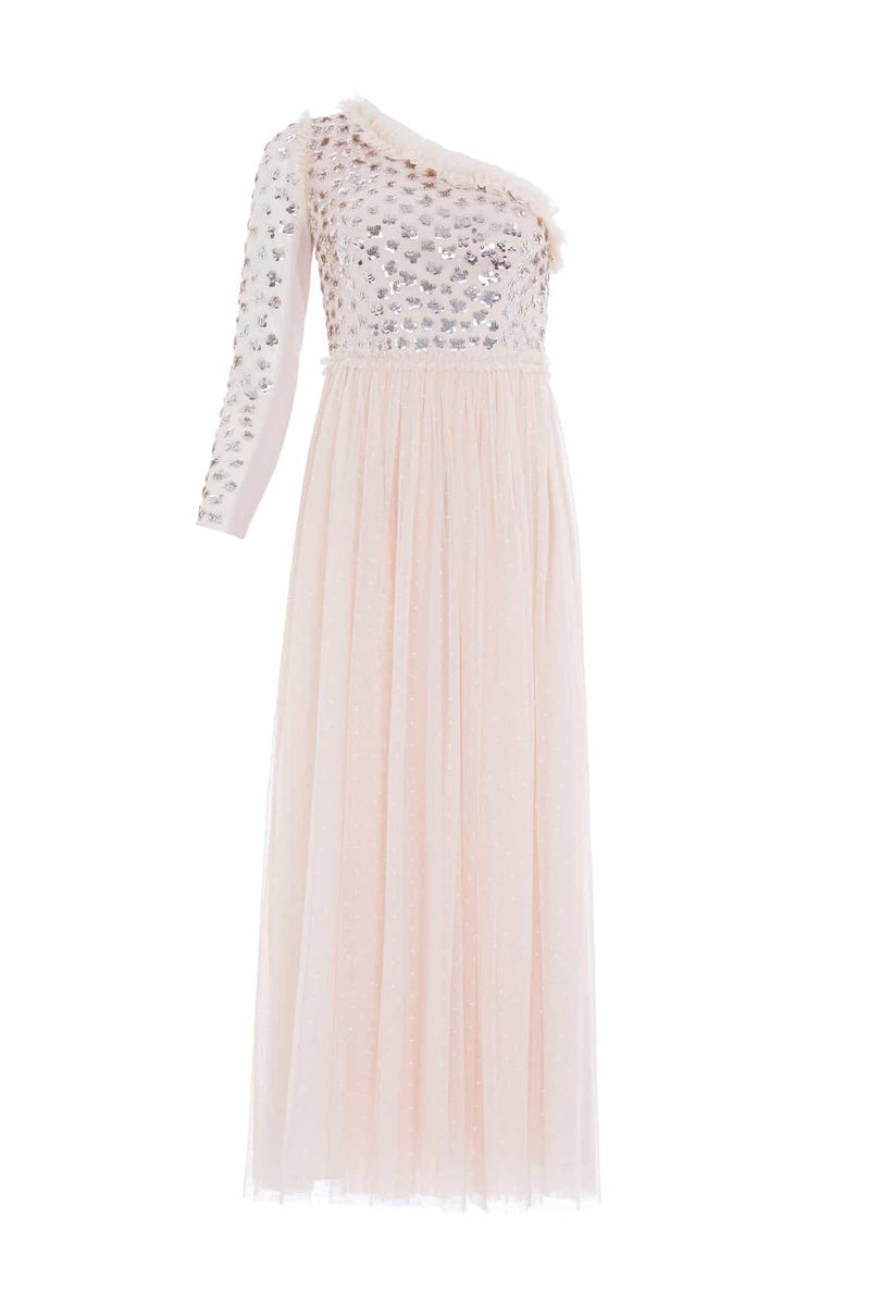 Glisten Bodice One-Shoulder Ankle Gown – Beige | Needle & Thread